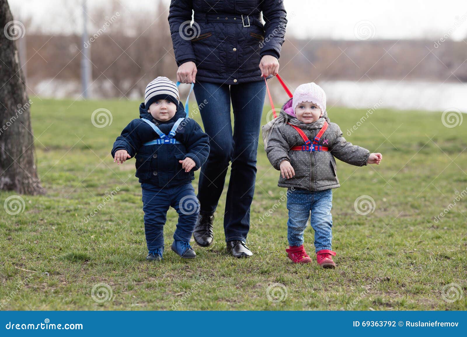 Mother Walking with Her Two Children Off the Leash Stock Photo - Image ...