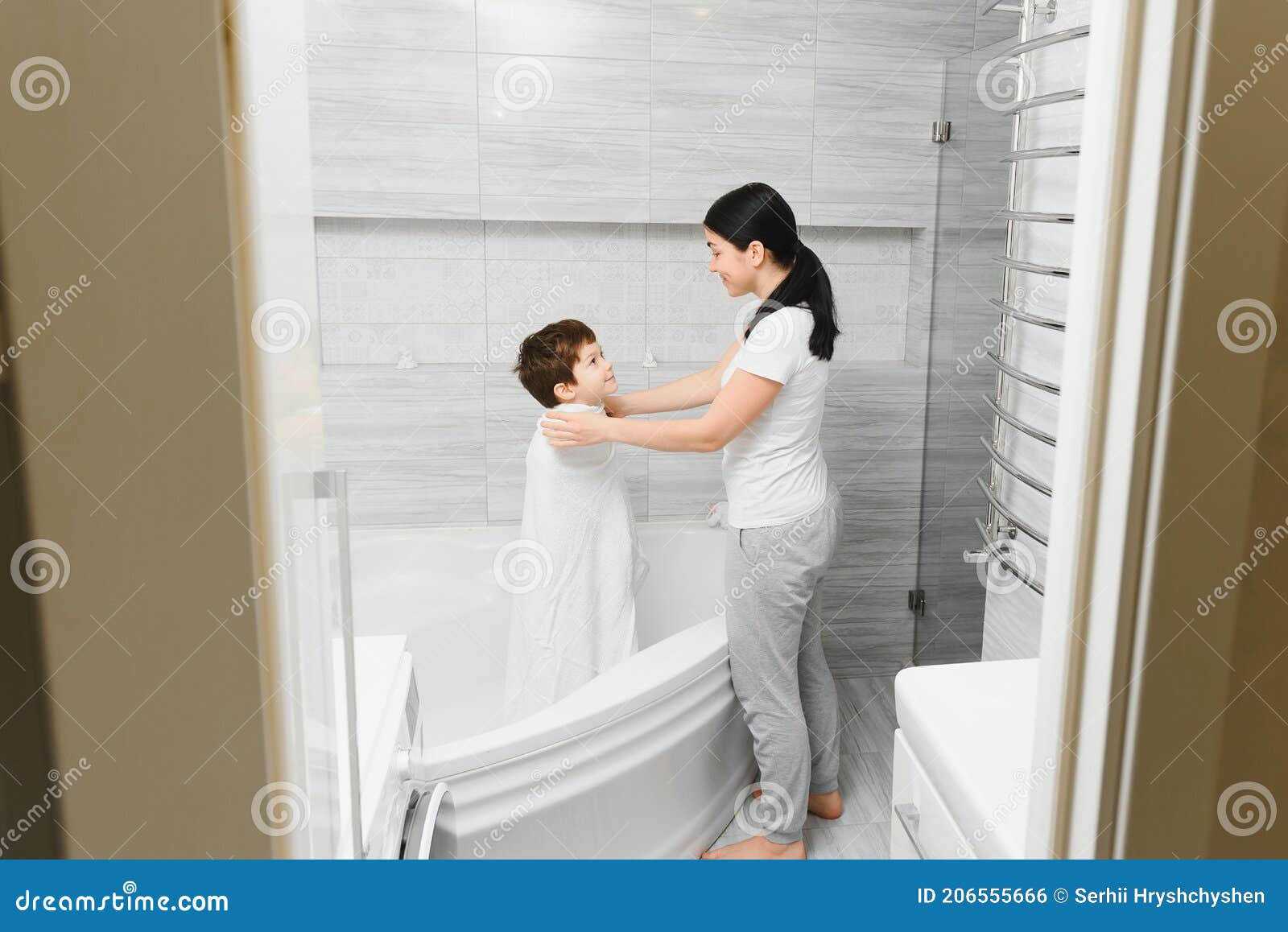 Mother Washing Little Son in Bathroom Stock Photo - Image of mother ...