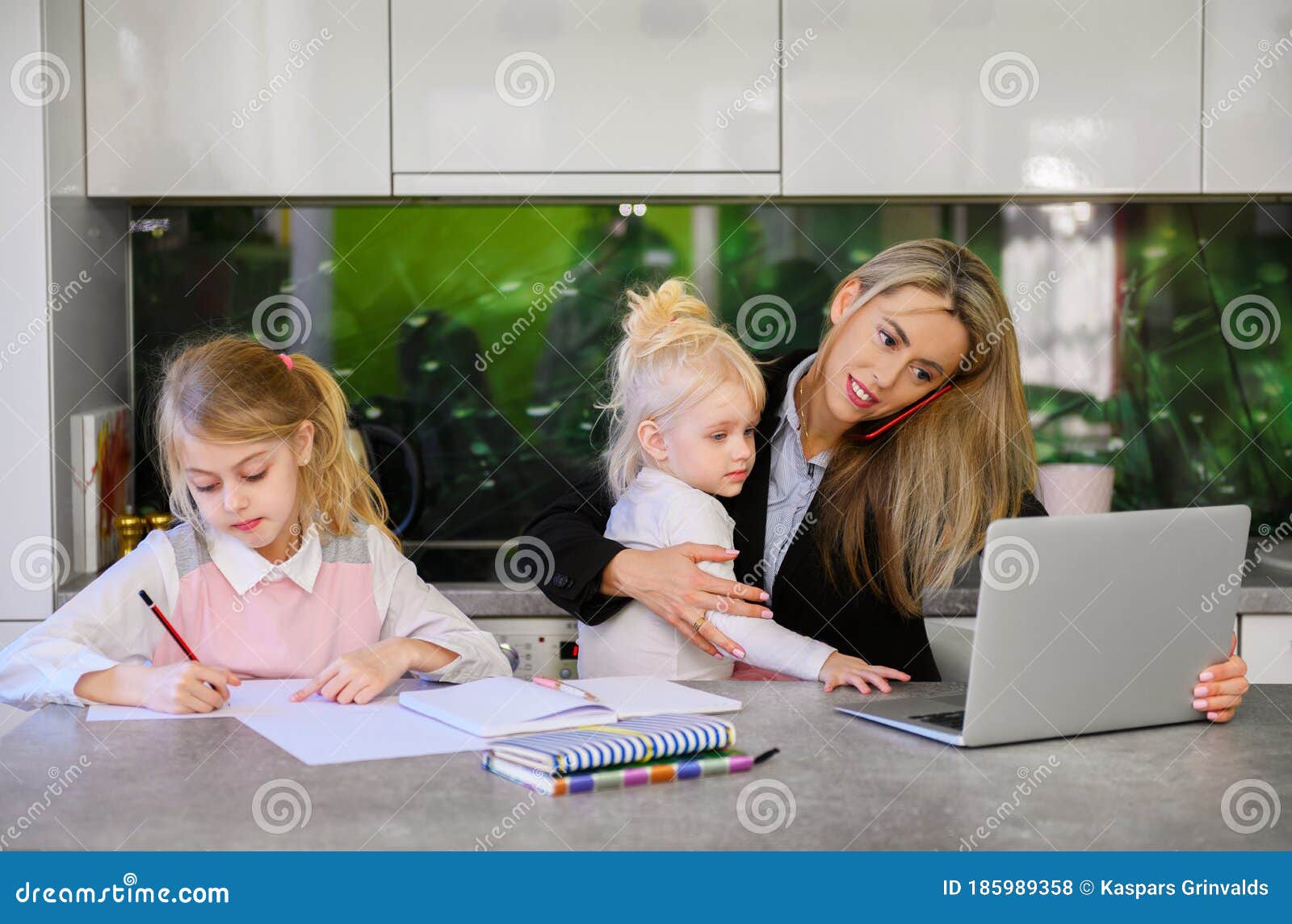 Mother Working from Home with Children Around Stock Photo - Image of ...