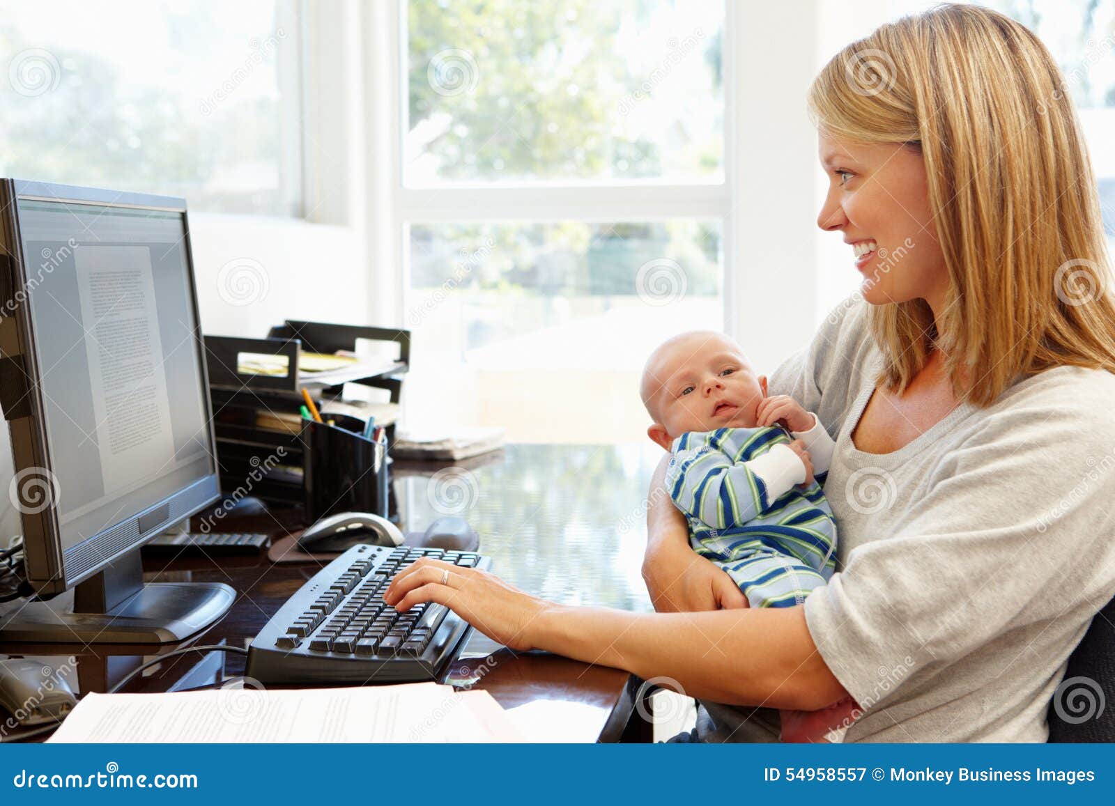 Mother Working in Home Office with Baby Stock Image - Image of mother ...