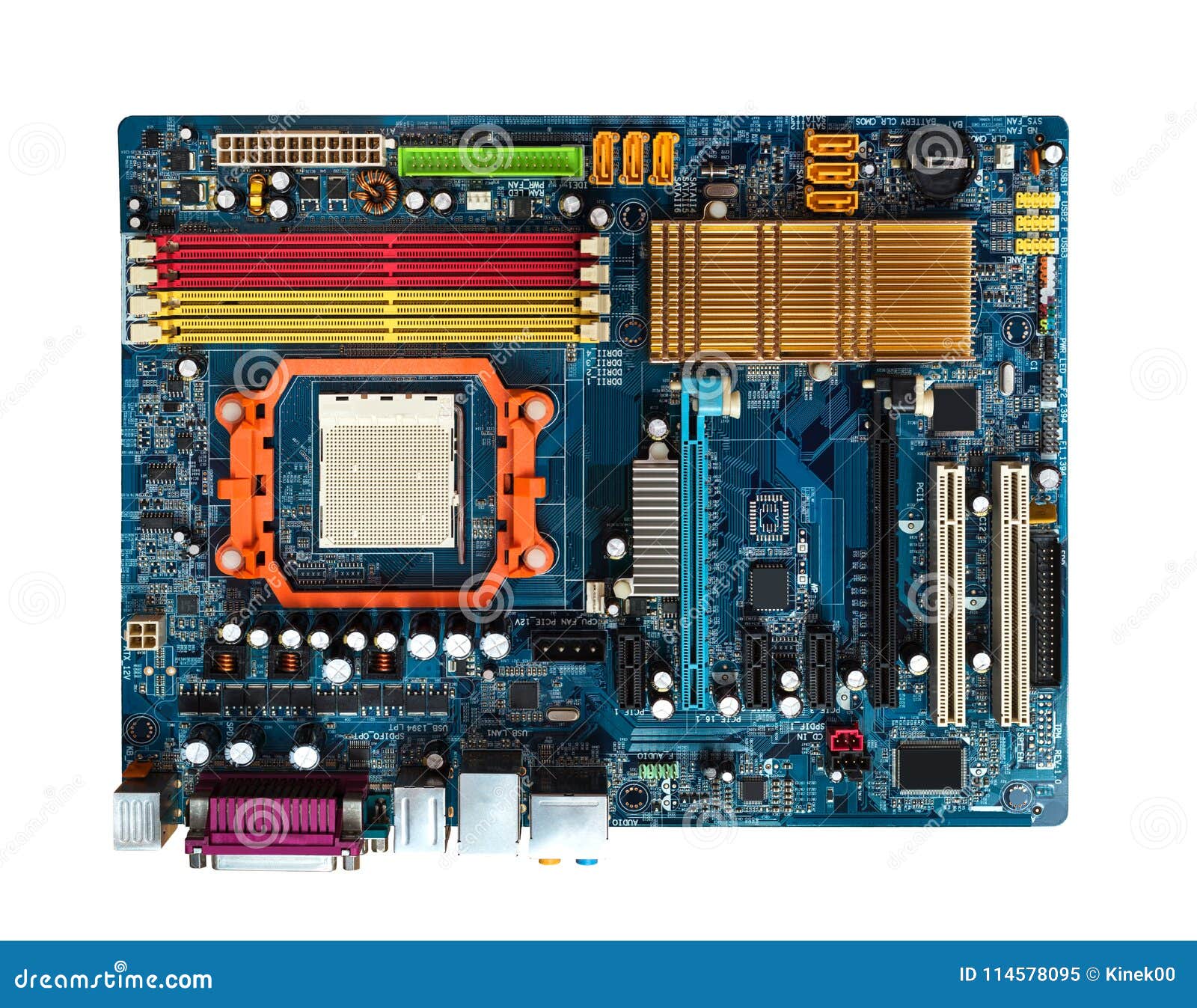 Motherboard in Blue with Slots PCI, AGP, DDR, CPU Visible Heat Sink ... Motherboard in Blue with Slots PCI, AGP, DDR, CPU Visible Heat Sink ...