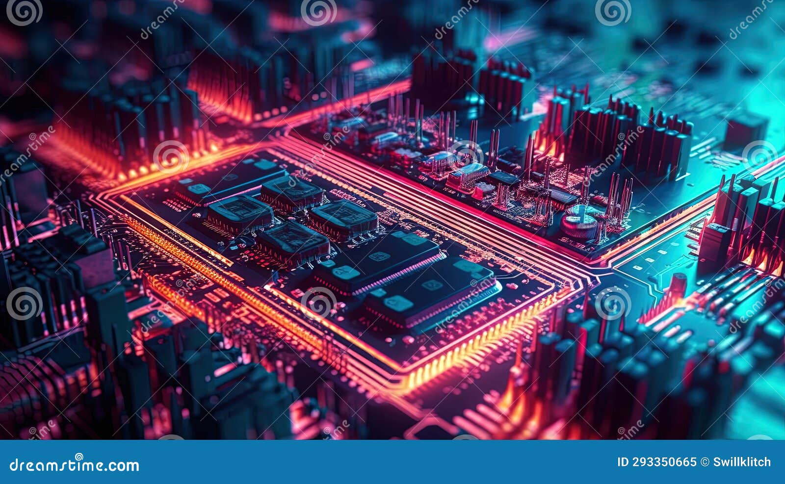 Motherboard with Chips and Connections in Purple and Blue Neon Lights ...