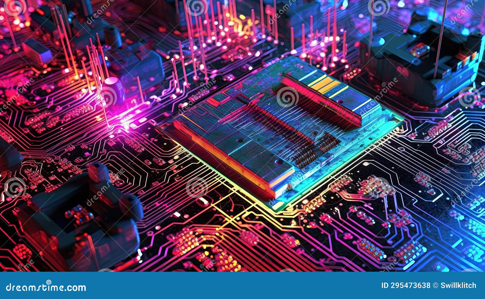 Motherboard with Chips and Connections in Purple and Blue Neon Lights ...