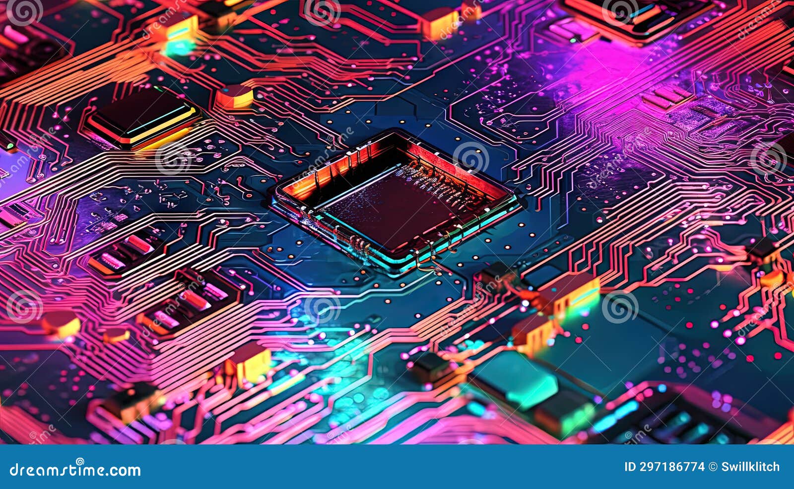 Motherboard with Chips and Connections in Purple and Blue Neon Lights ...