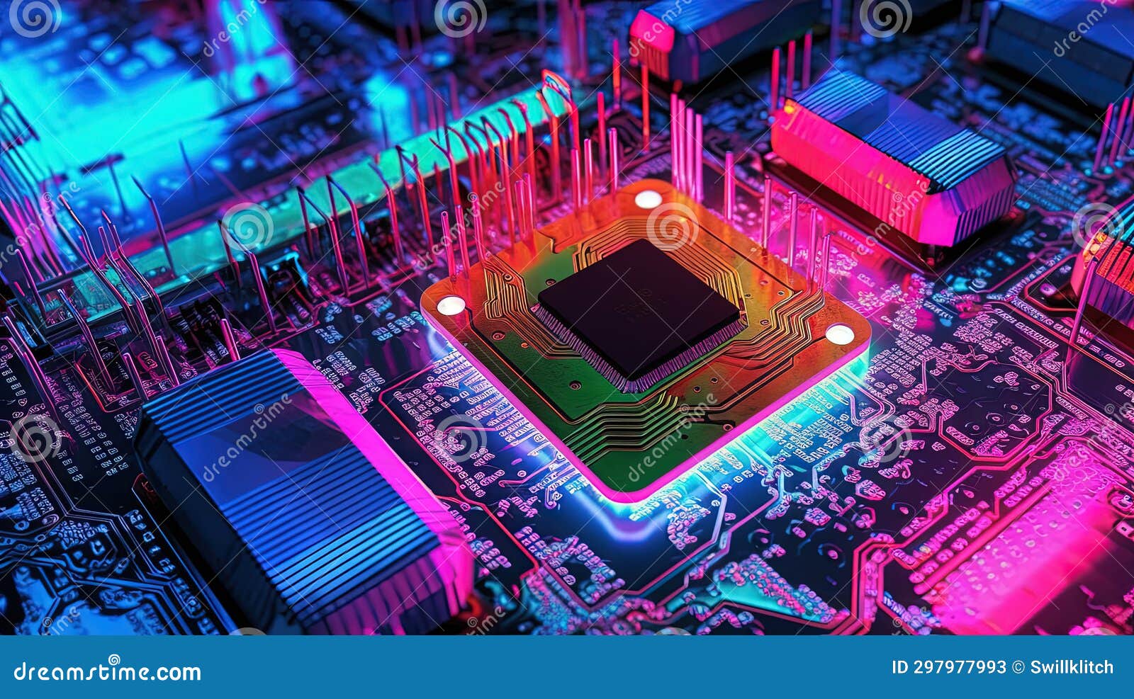 Motherboard with Chips and Connections in Purple and Blue Neon Lights ...