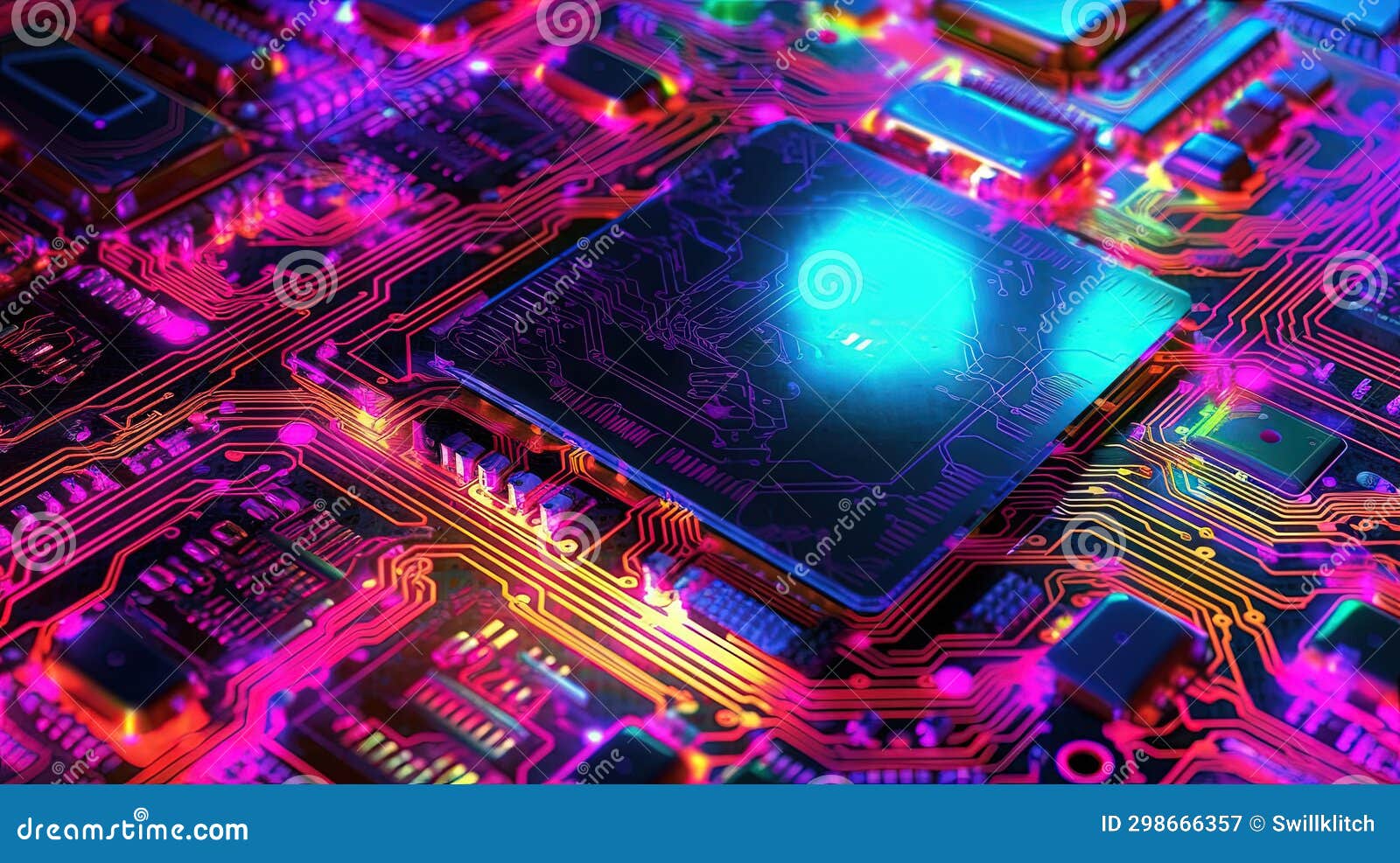 Motherboard with Chips and Connections in Purple and Blue Neon Lights ...