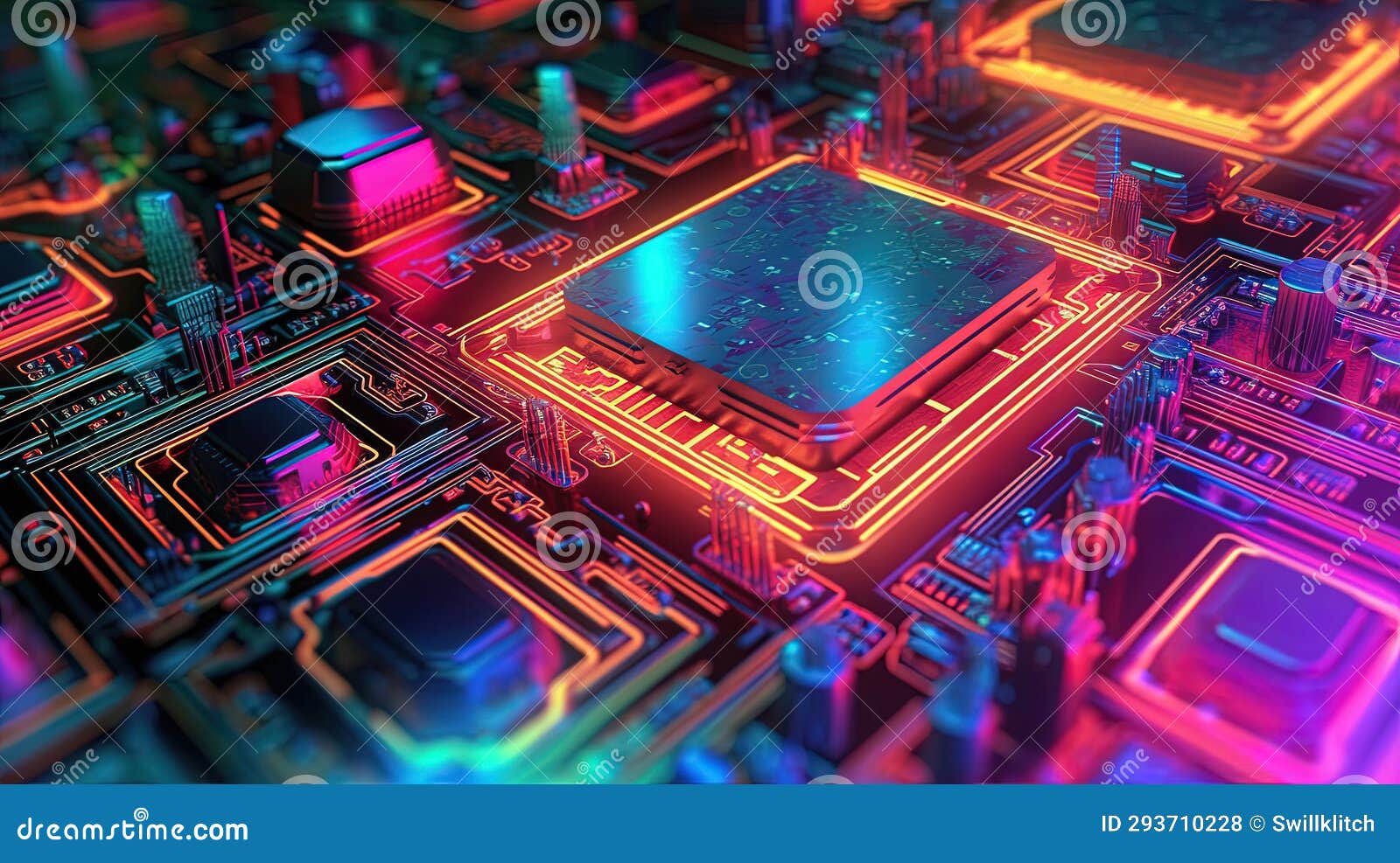 Motherboard with Chips and Connections in Purple and Blue Neon Lights ...