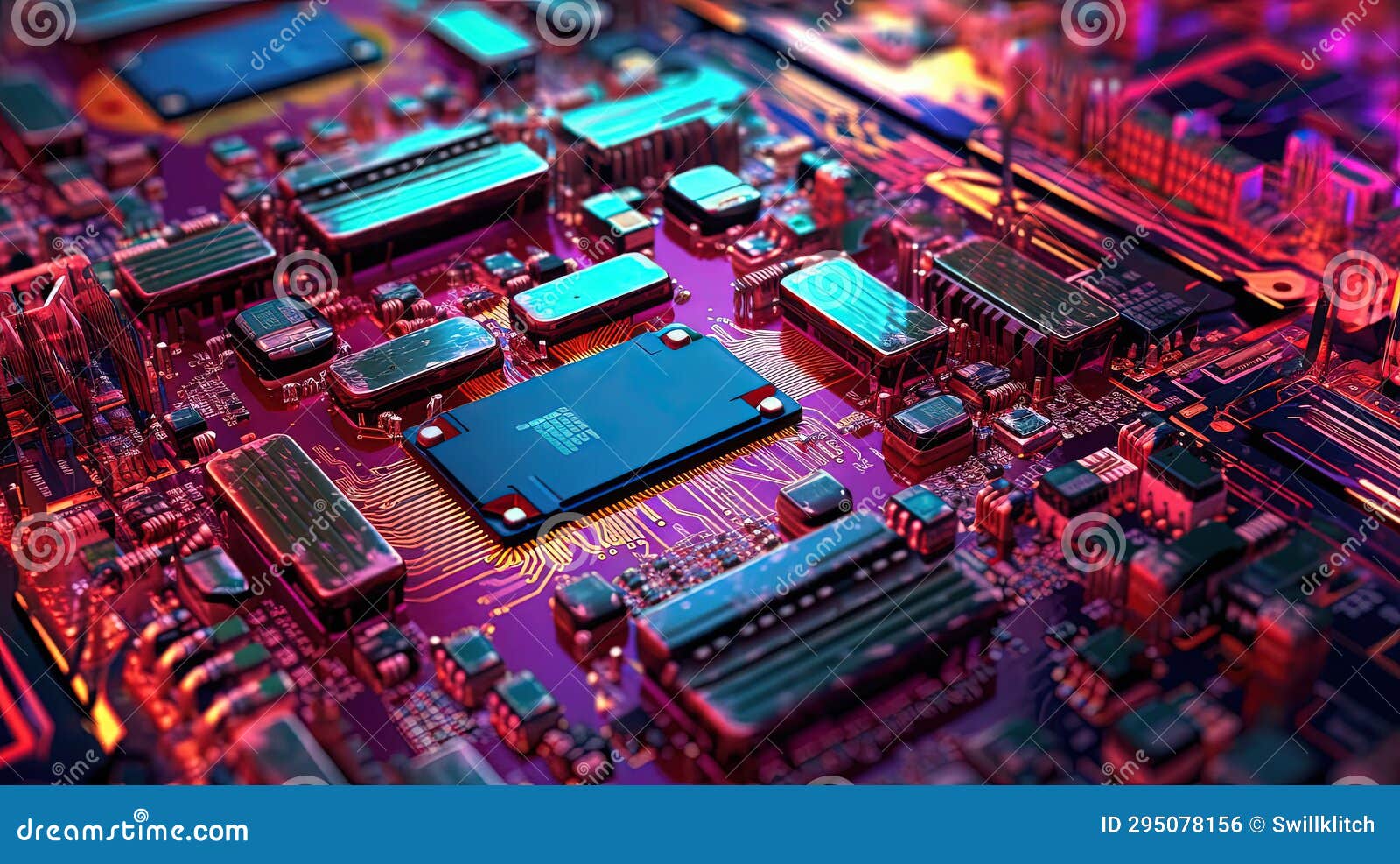 Motherboard with Chips and Connections in Purple and Blue Neon Lights ...