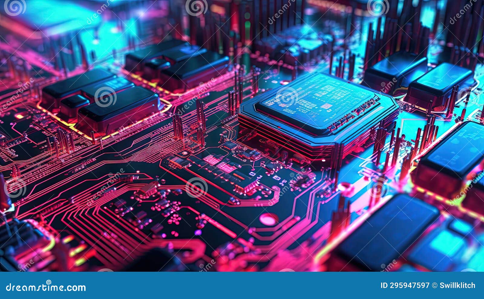 Motherboard with Chips and Connections in Purple and Blue Neon Lights ...