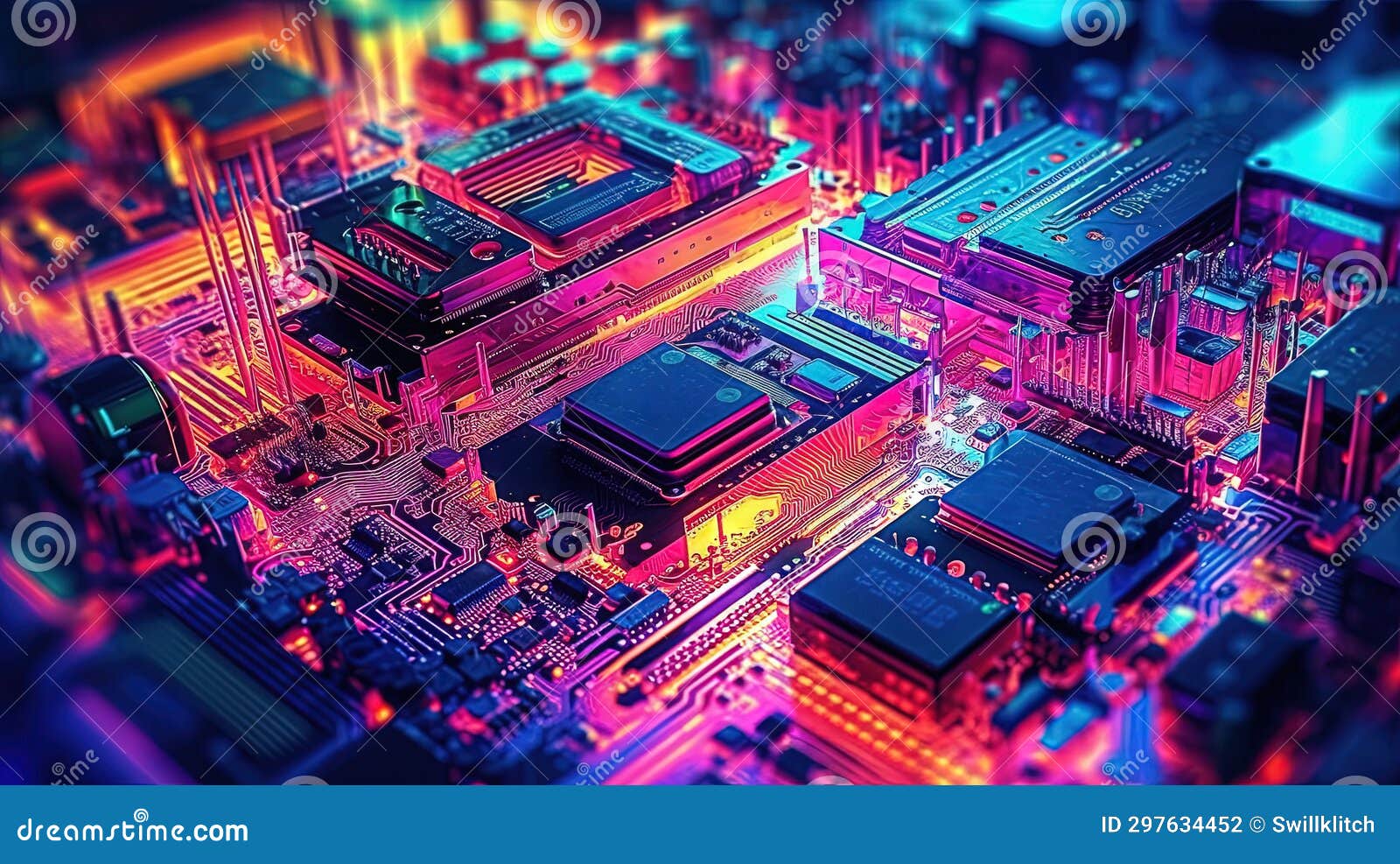 Motherboard with Chips and Connections in Purple and Blue Neon Lights ...