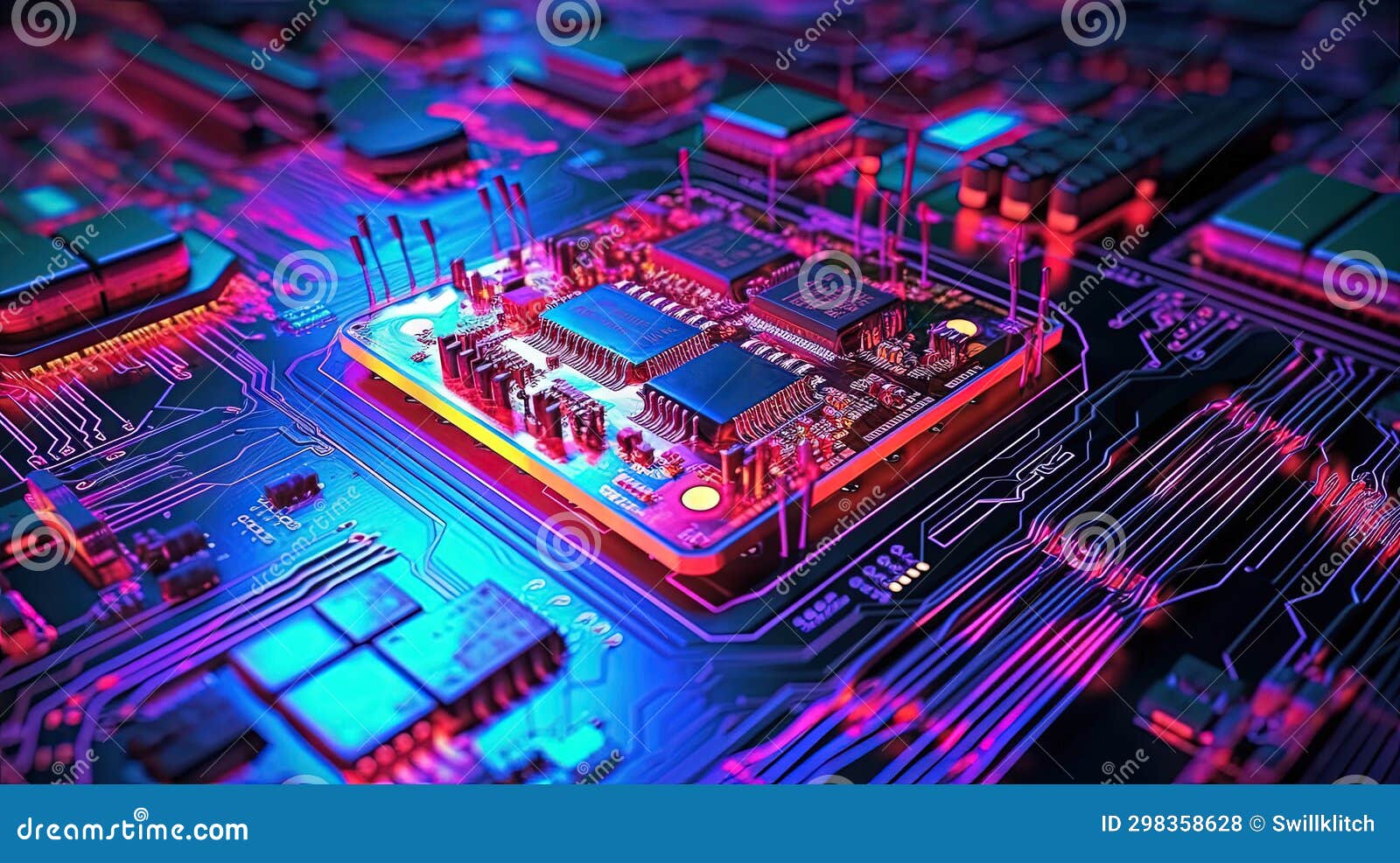 Motherboard with Chips and Connections in Purple and Blue Neon Lights ...