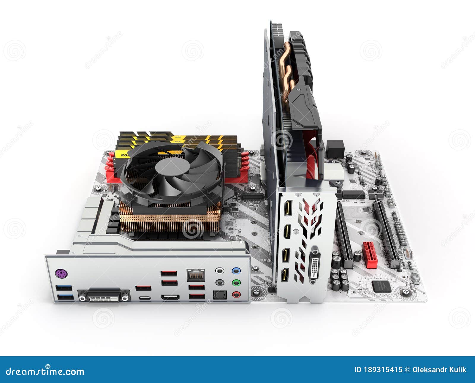 Motherboard Complete with RAM and Video Card Isolated on White ...