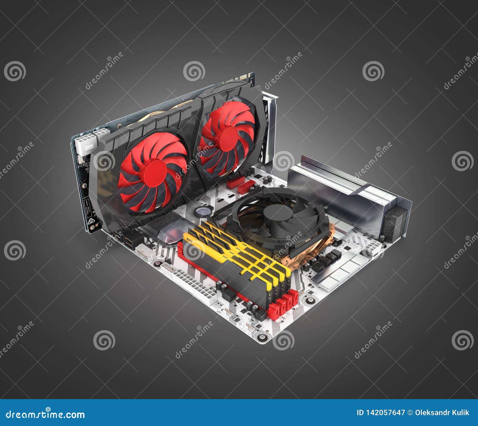 Motherboard Complete with RAM and Video Card Solated on Black Gradient ...