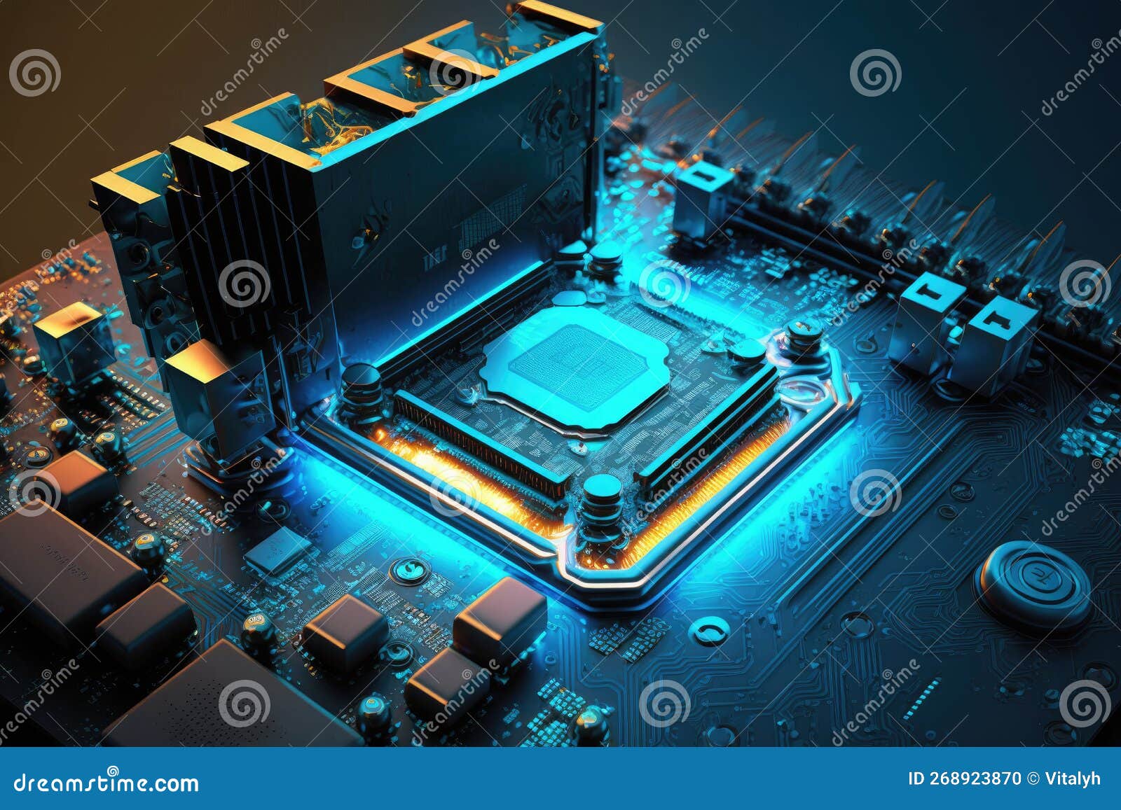 Motherboard Digital Chip in Blue Neon Lighting. Stock Illustration ...