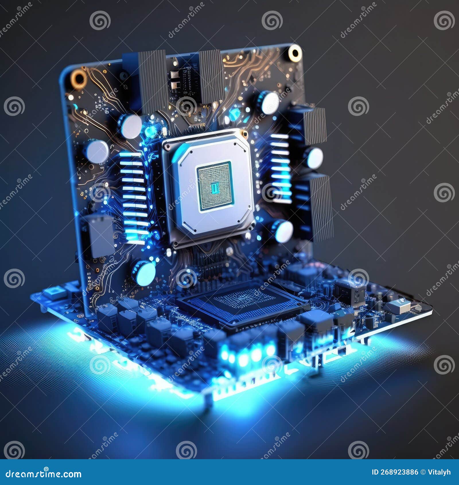 Motherboard Digital Chip in Blue Neon Lighting. Stock Illustration ...