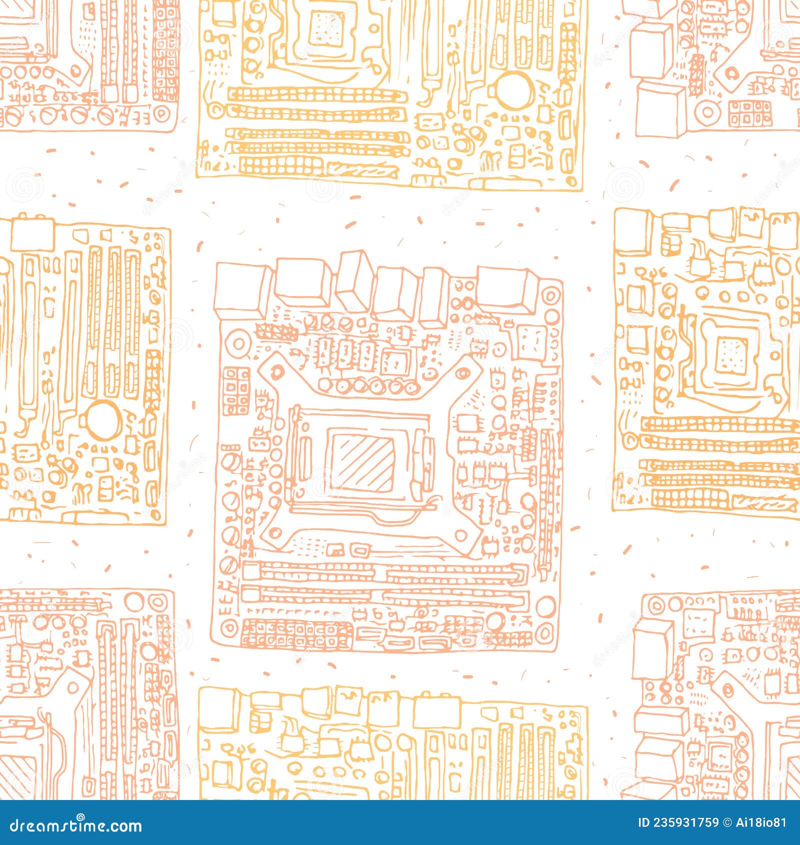 Motherboard Hand Drawn Seamless Pattern. Electronic Component of ...