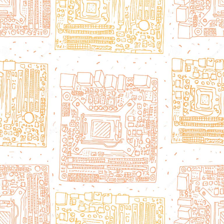 Motherboard Hand Drawn Seamless Pattern. Electronic Component of ...