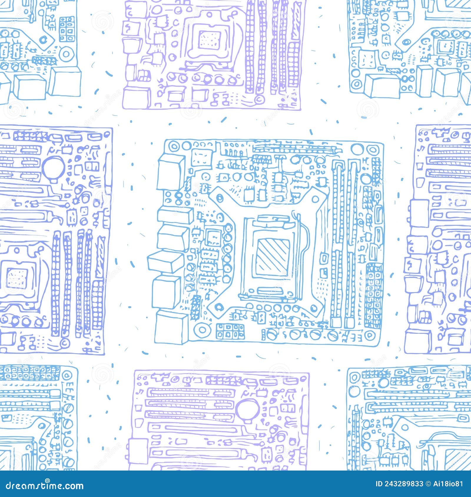 Motherboard Hand Drawn Seamless Pattern. Electronic Component of ...