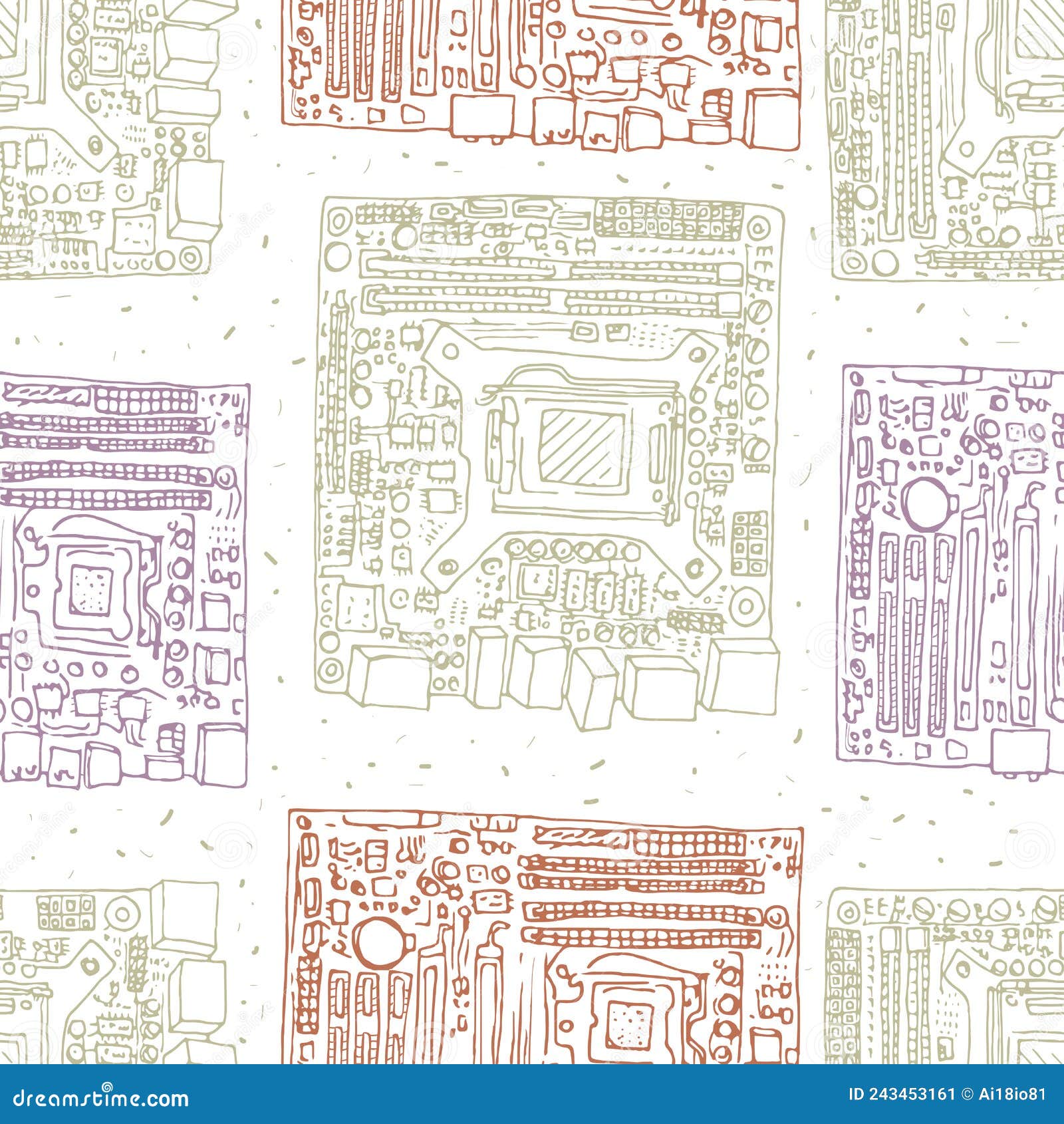 Motherboard Hand Drawn Seamless Pattern. Electronic Component of ...