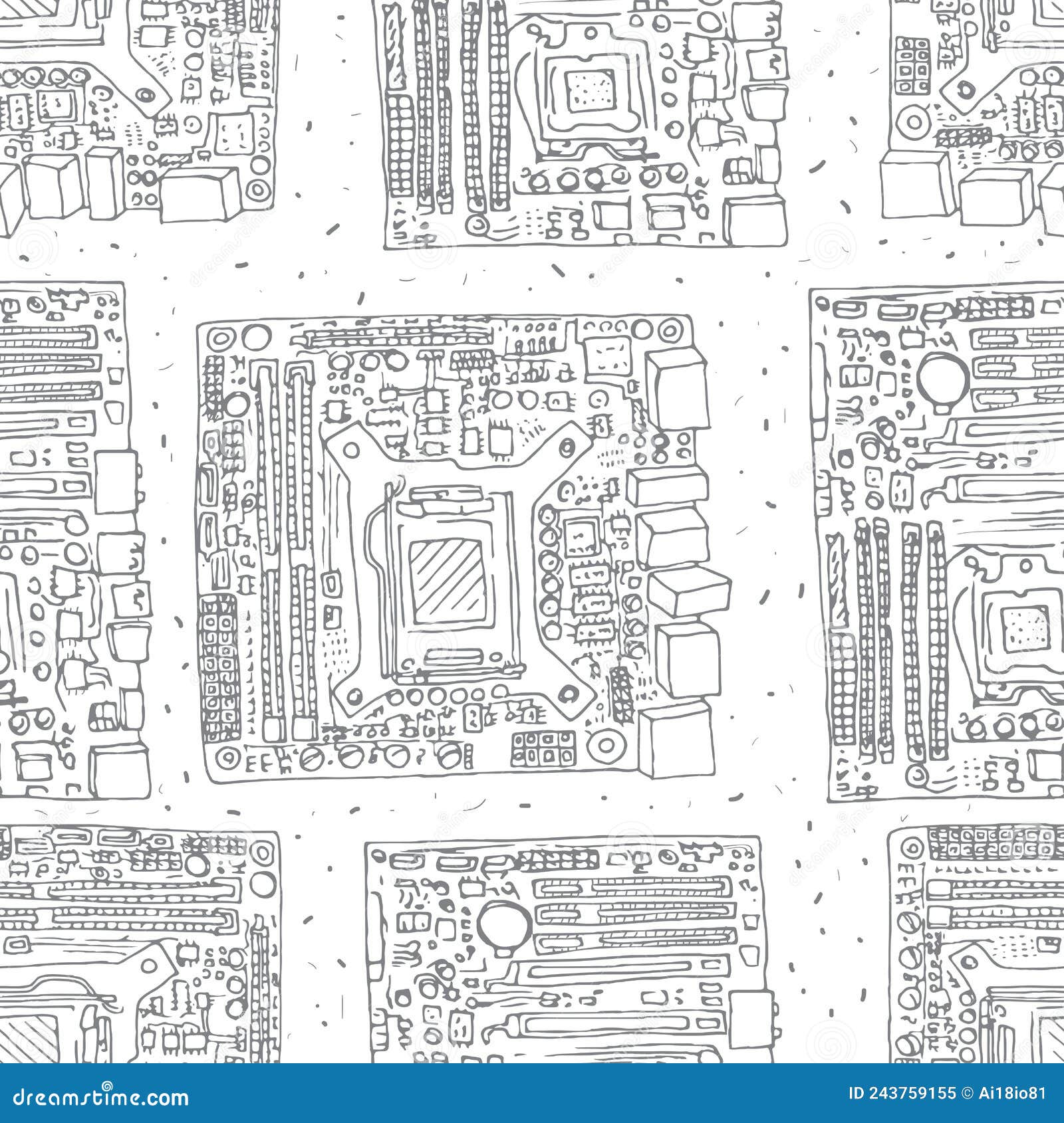Motherboard Hand Drawn Seamless Pattern. Electronic Component of ...