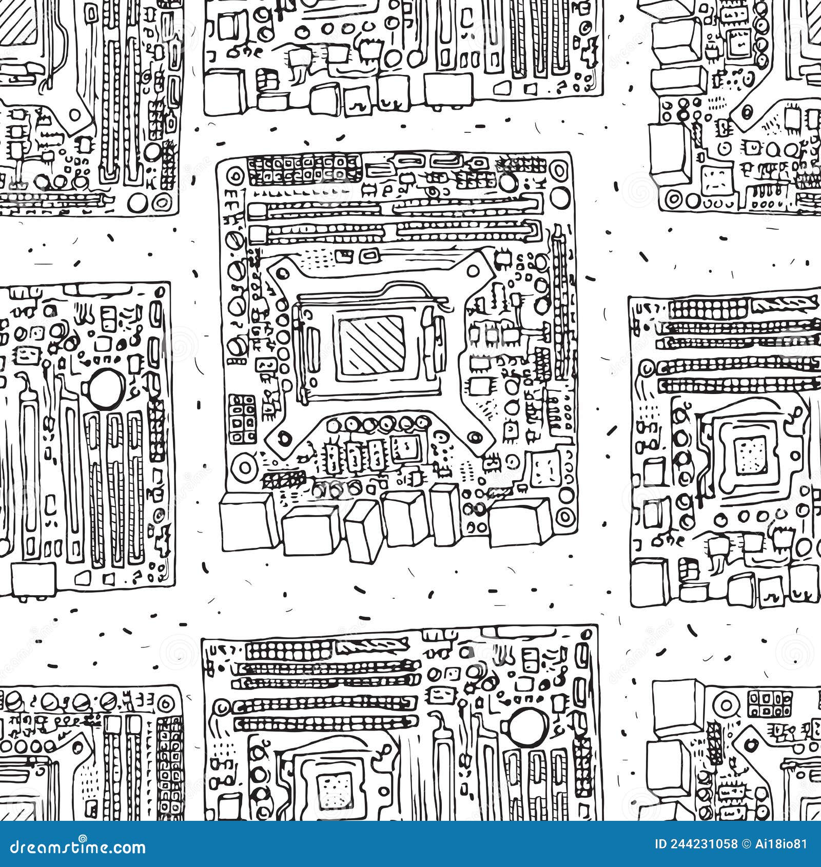 Motherboard Hand Drawn Seamless Pattern. Electronic Component of ...