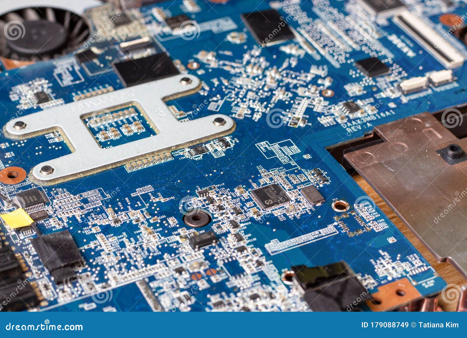 Motherboard and Microcircuits on Disassembled Laptop Close-up Top View ...