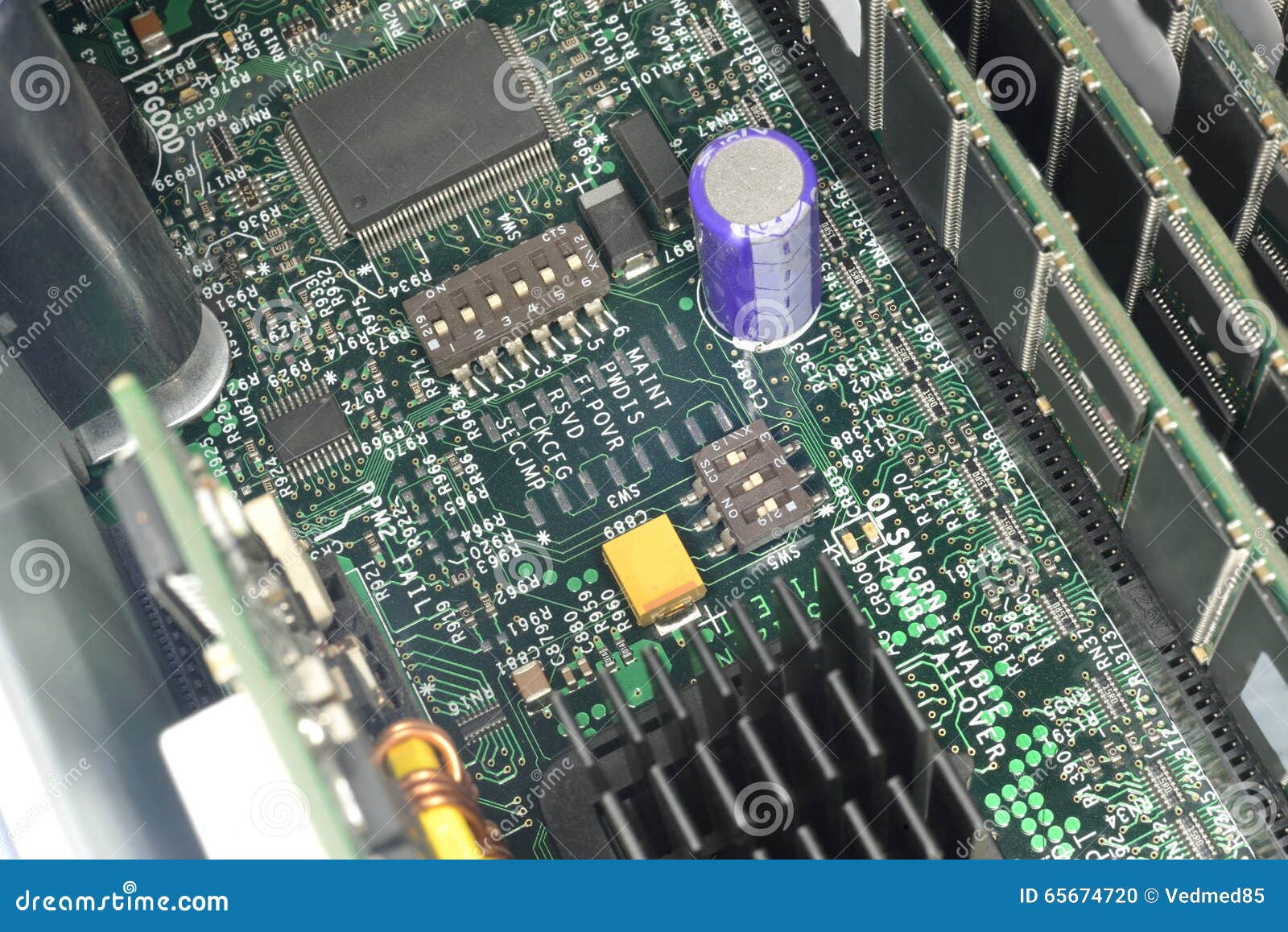 Motherboard with Microcircuits. RAM, Processors and Radiator Stock ...