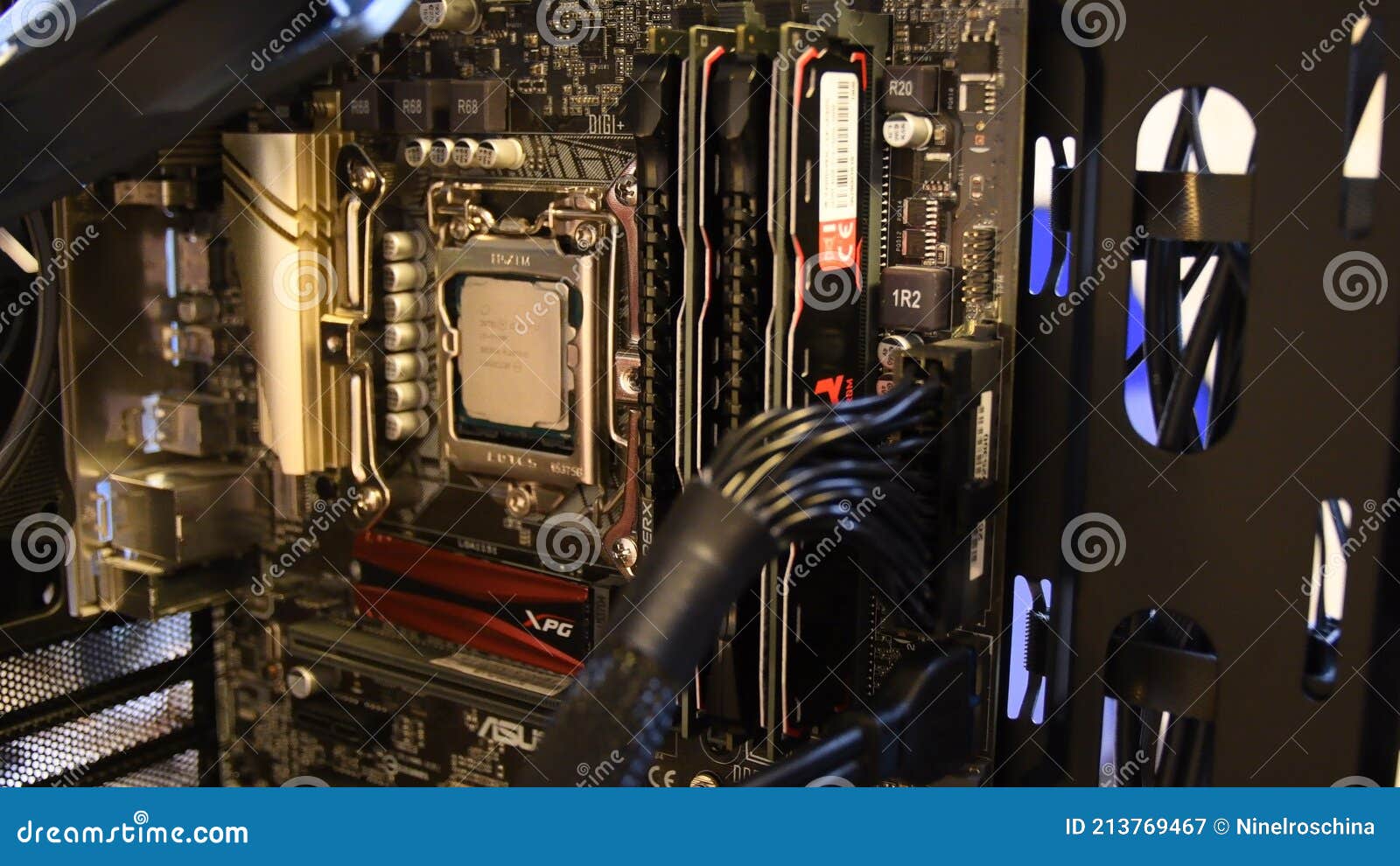 Motherboard Mini-ITX With PC Hardware And Connected Cables Stock Photo ...
