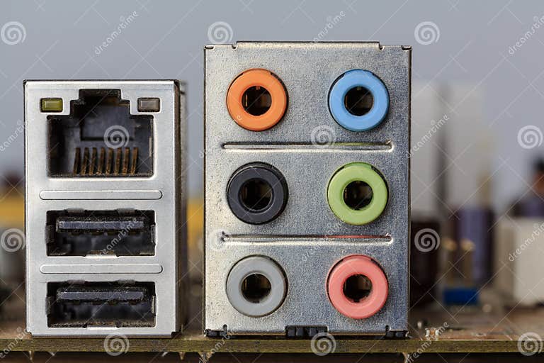 Motherboard Rear Panel Interfaces Connectors and Outputs Stock Image ...