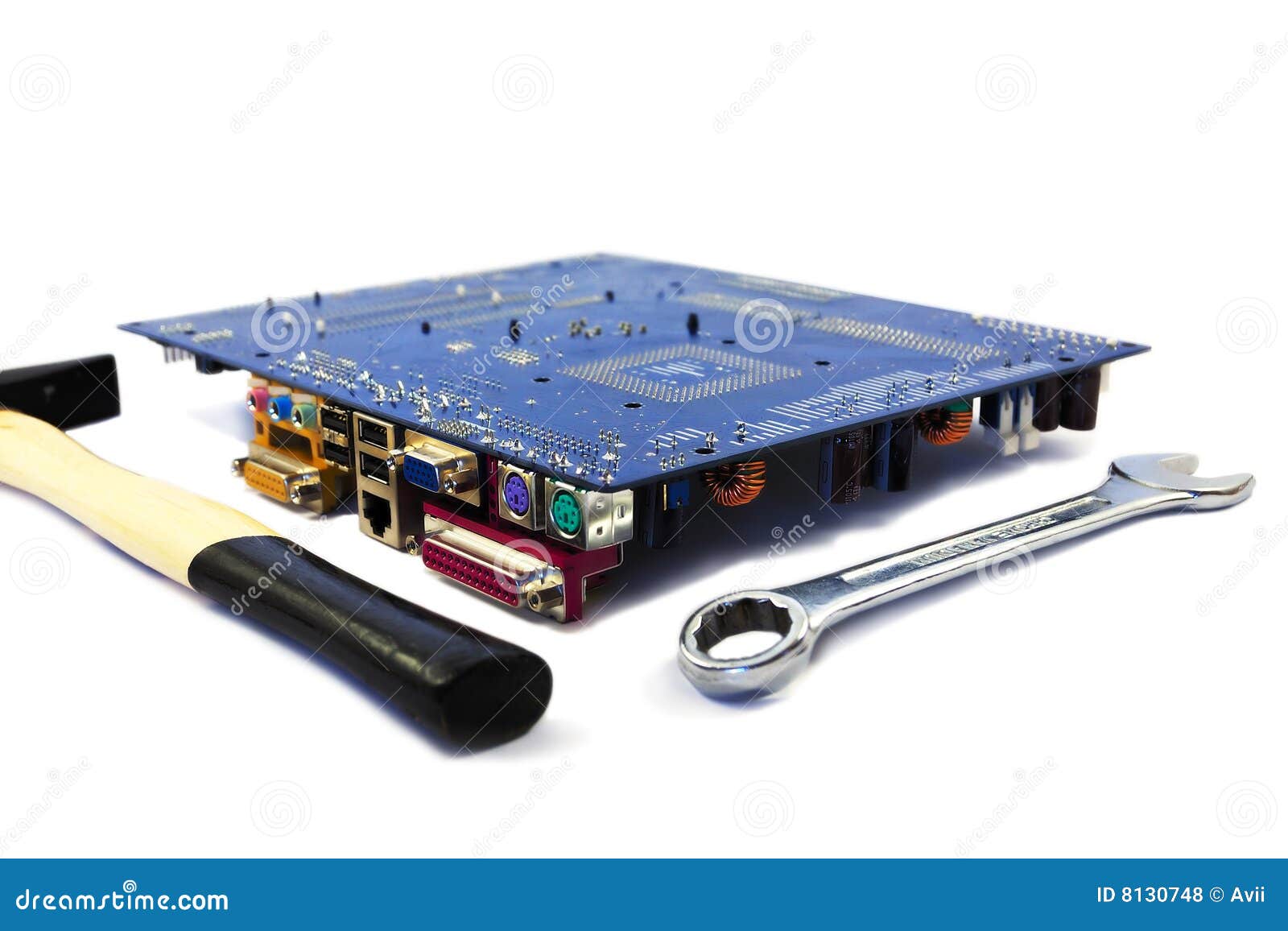 Computermotherboard Met Moersleutel En Hamer Picture. Image: 8130748