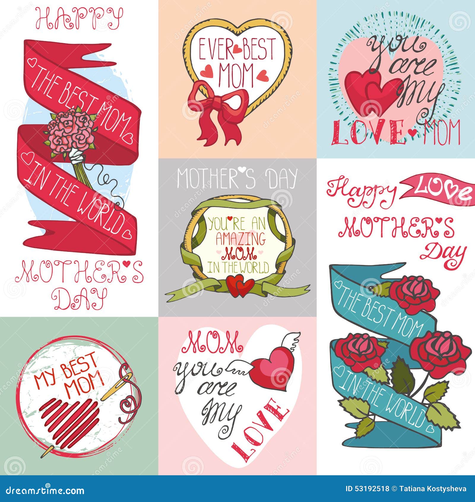 Mothers Day Cards Set Labels Decor Elements Stock Vector