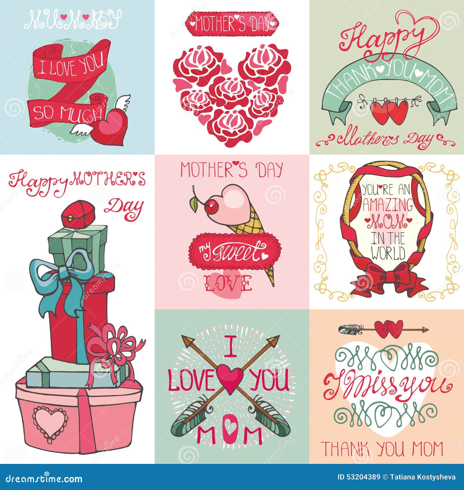 Mothers Day Cards Set Labels Hearts Decor Stock Vector Illustration