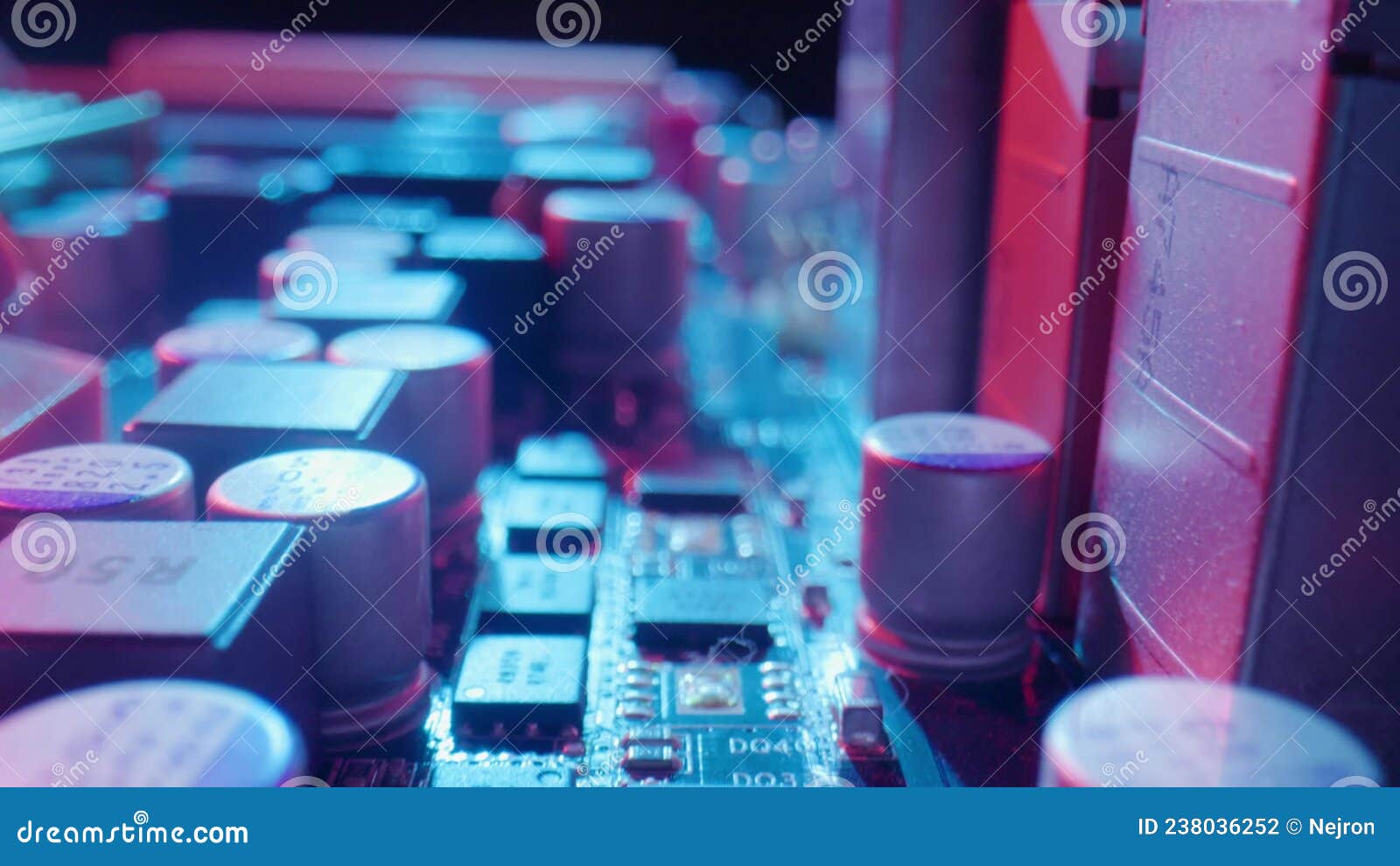 Motion Above Computer Motherboard at Purple and Blue Light Stock ...