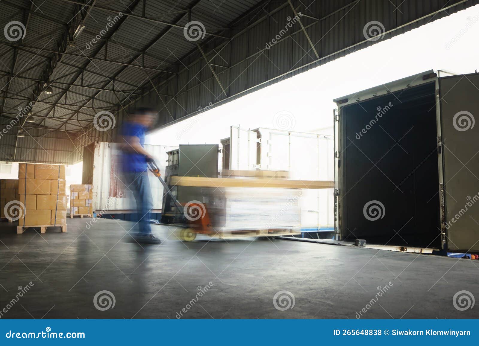 Motion Blurred of Workers Unloading Cargo Boxes Pallet into Container ...