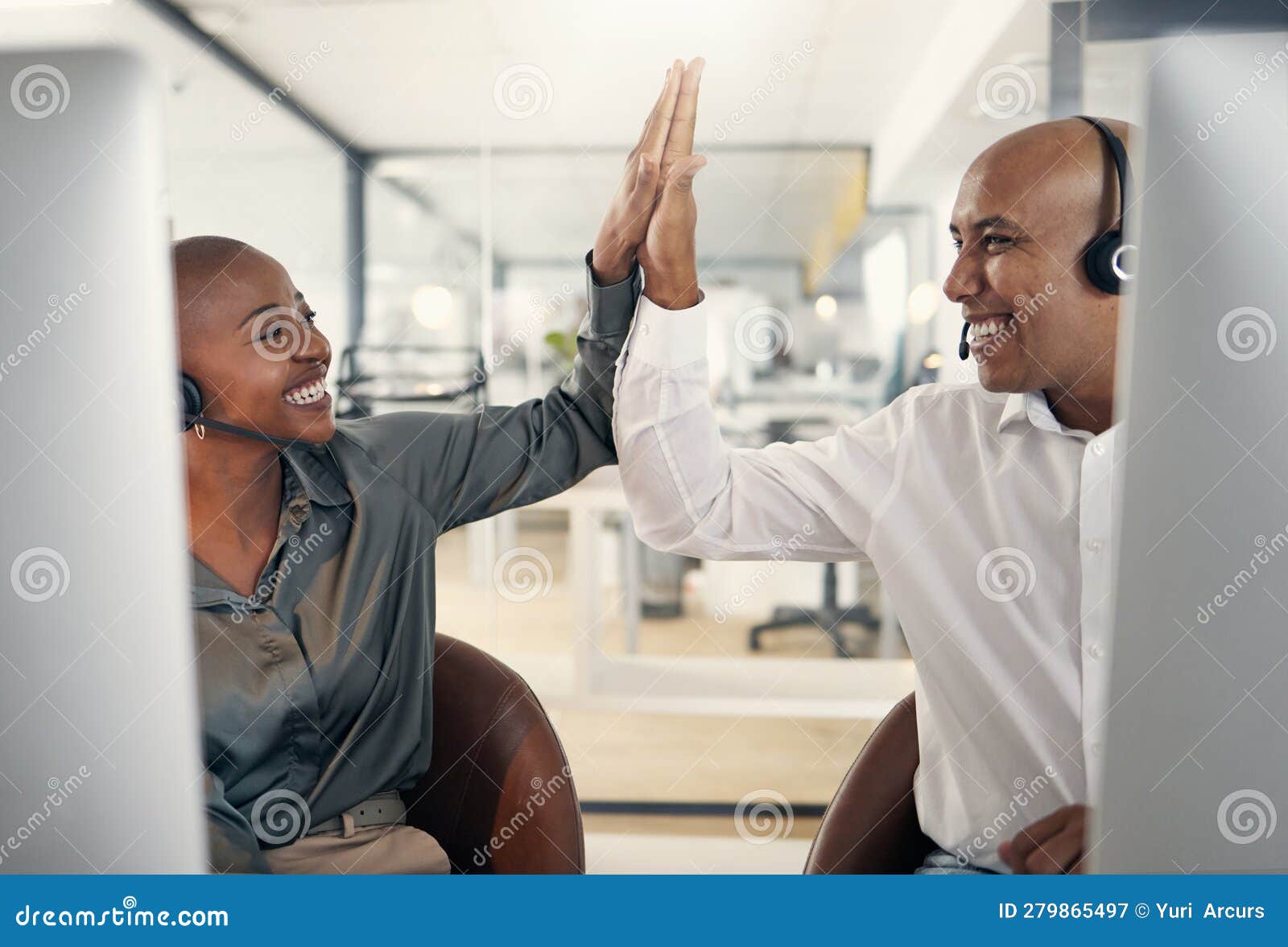 Motivation, Colleagues with High Five and Headset at Their Desk in a ...