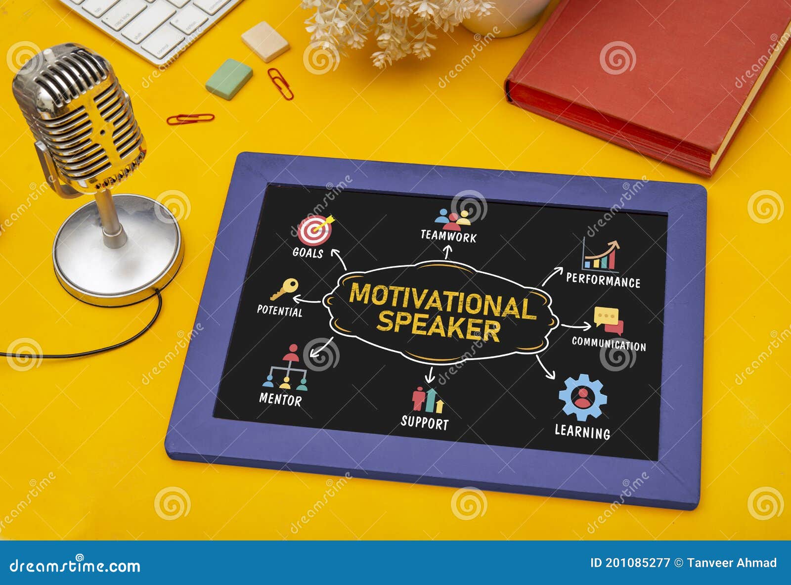 Motivational Speaker Chalk Drawing with Microphone Top View Stock Image ...