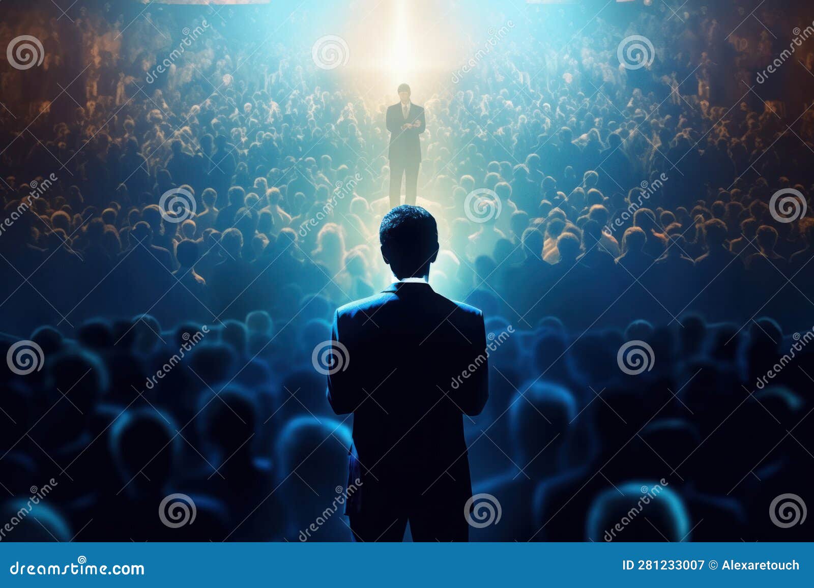 Motivational Speaker with Headset Performing on Stage, Back View ...