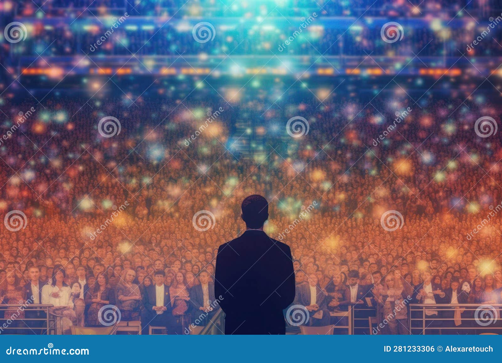 Motivational Speaker with Headset Performing on Stage, Back View ...