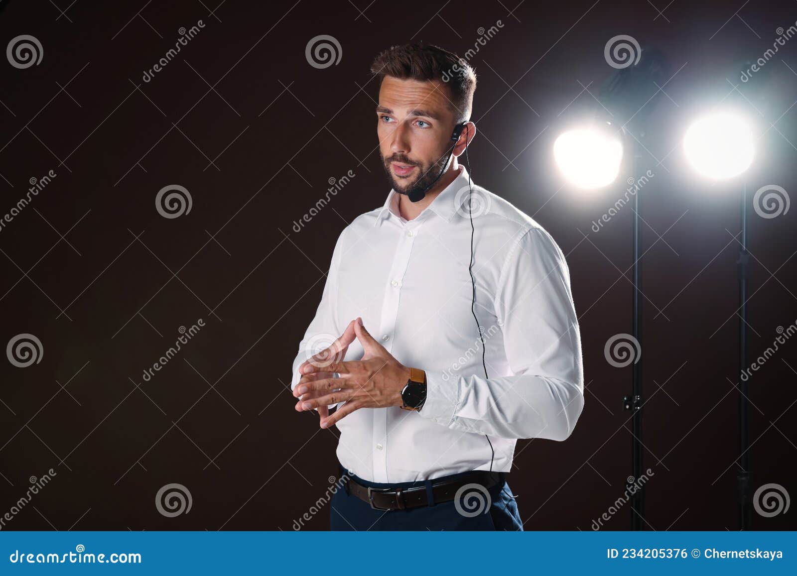 Motivational Speaker with Headset Performing on Stage Stock Photo ...