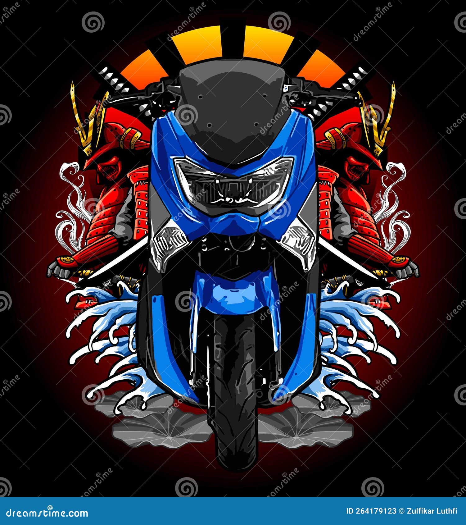 Moto Azul Con Olas Y Fondo Samurai Ilustración del Vector - Ilustración ...