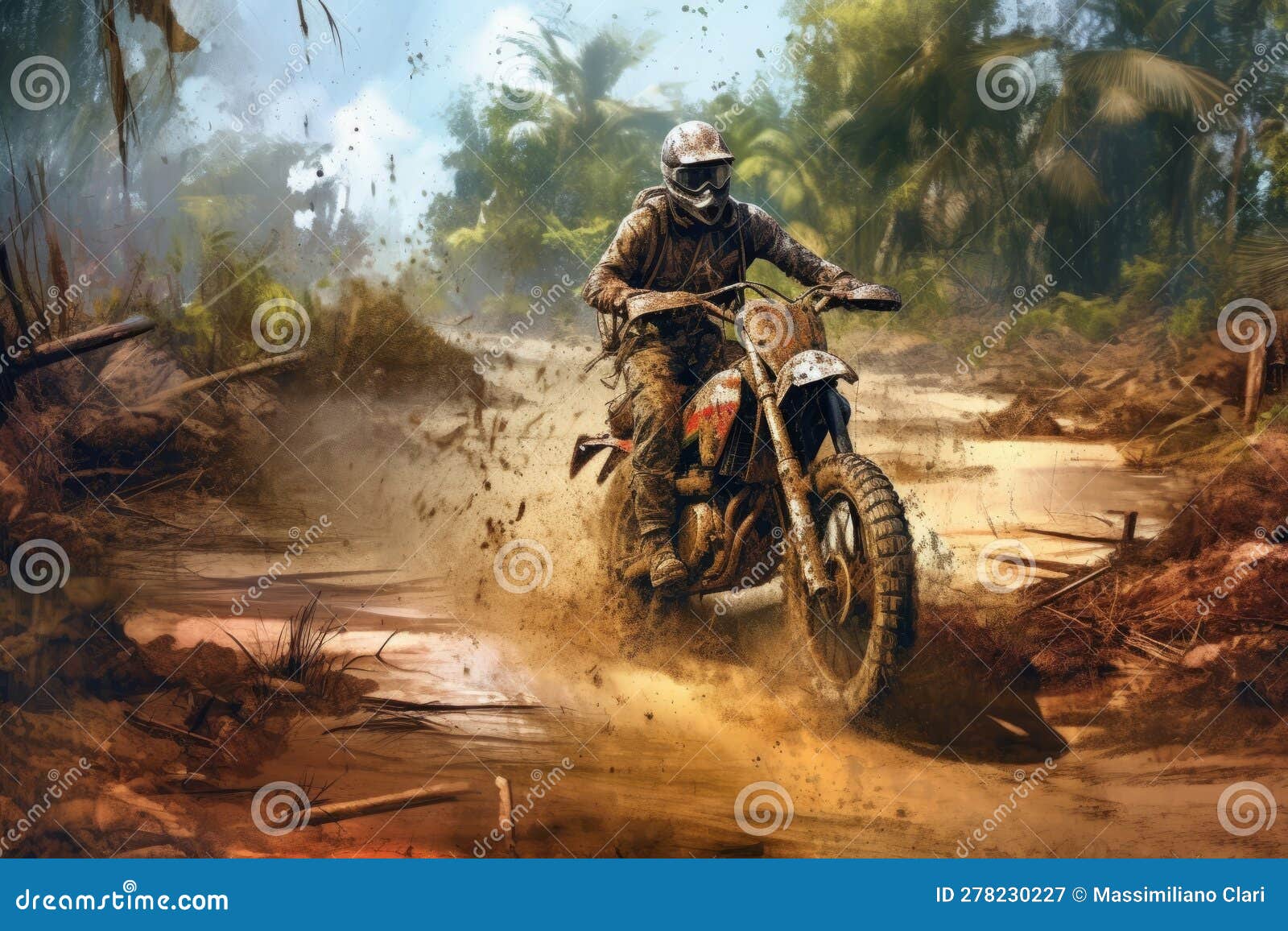 Motocross In Mud Cloud With Forest On Background. Biker Rider In Action. Generative AI Stock ...