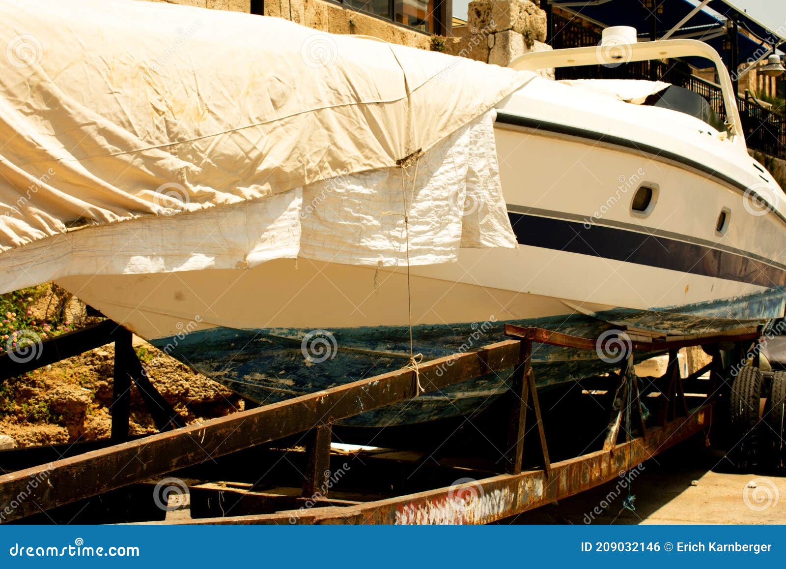 Motor Boat on a Trailer at a Dock Stock Photo - Image of quay ...