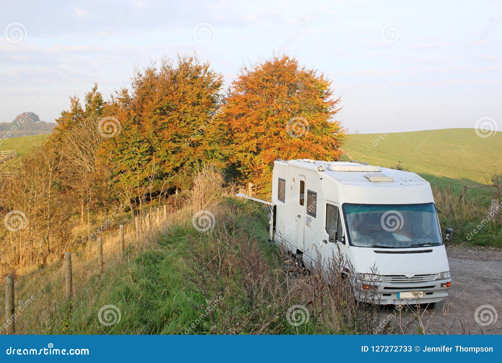 Camper Van in Autumn stock image. Image of tree, field - 127272733