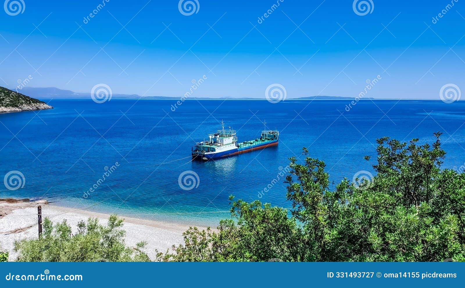 A Small Motor Ship in a Sea Bay. Stock Image - Image of horizon, island ...