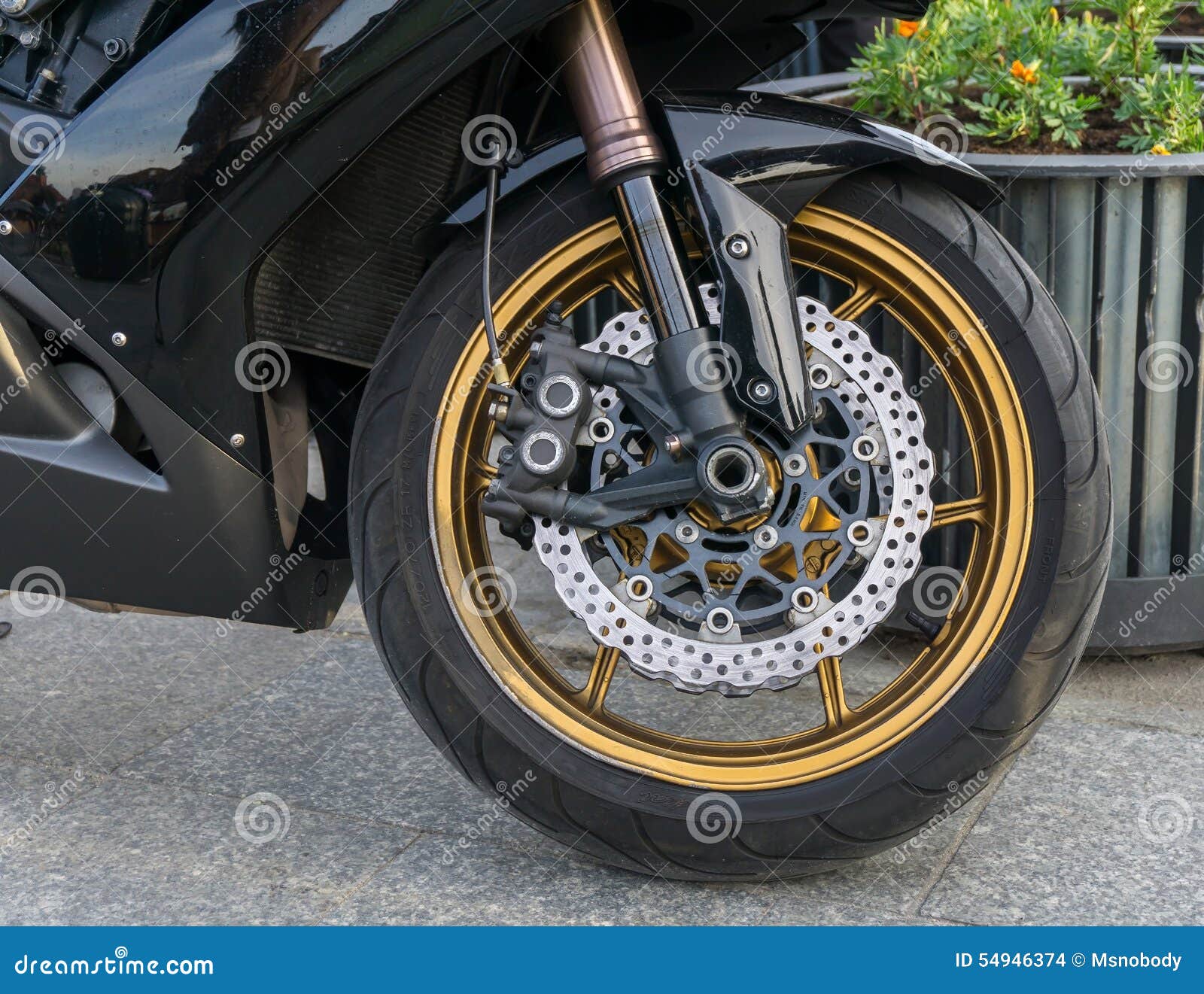 Motorbike Front Wheel with Disc Break Stock Photo - Image of circle ...