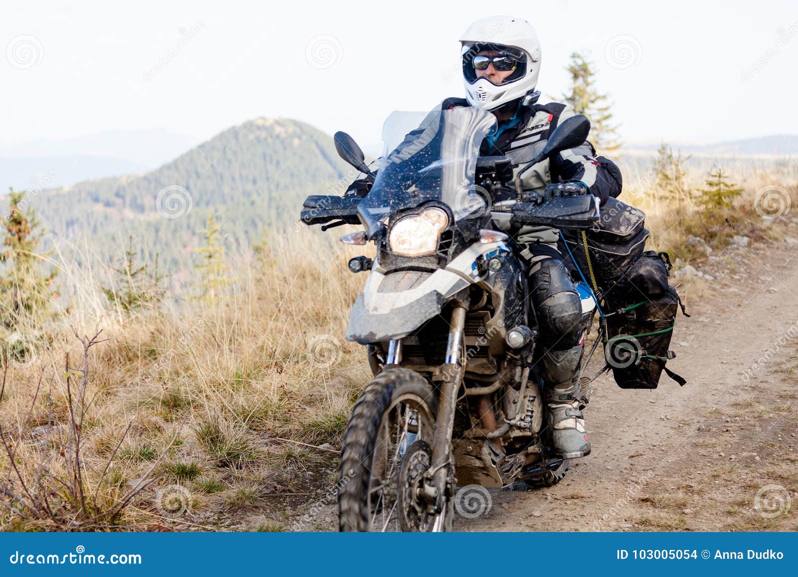 Motorbiker Travelling in Autumn Mountains Stock Photo - Image of ...