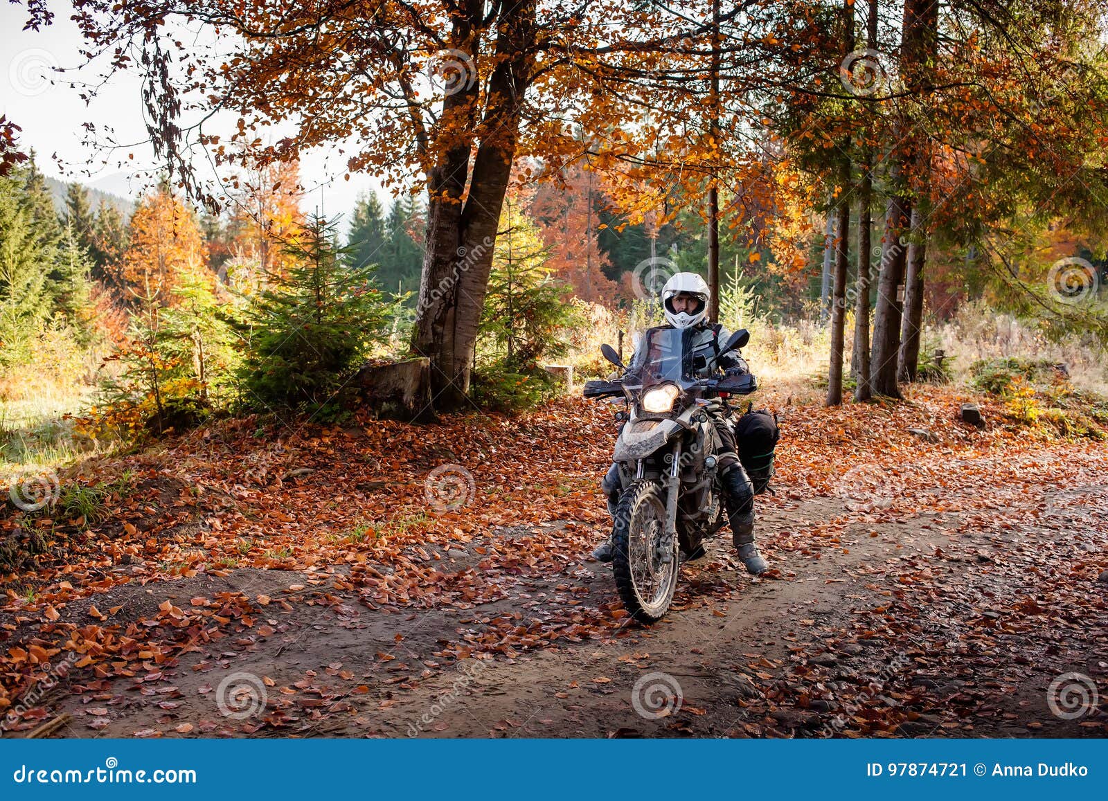 Motorbiker Travelling in Autumn Mountains Stock Image - Image of crash ...