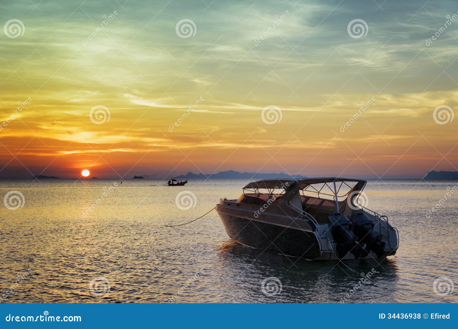 Motorboat at Sunset. Beautiful Landscape Stock Photo - Image of calm ...