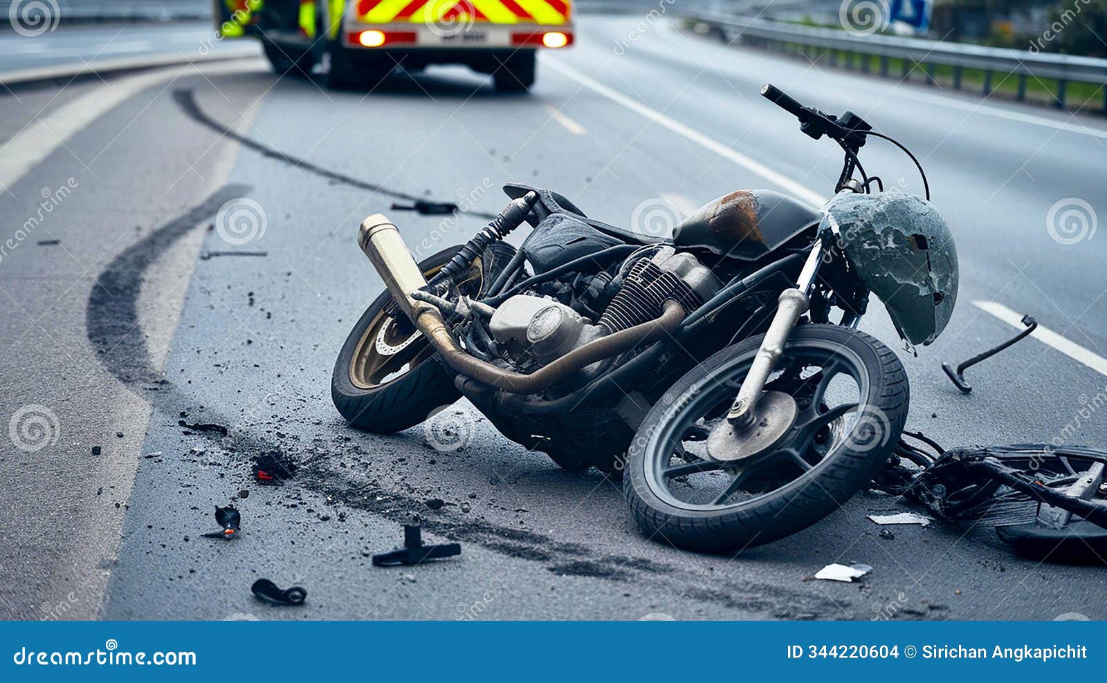 Motorcycle Accident on Highway with Debris and Emergency Response in ...