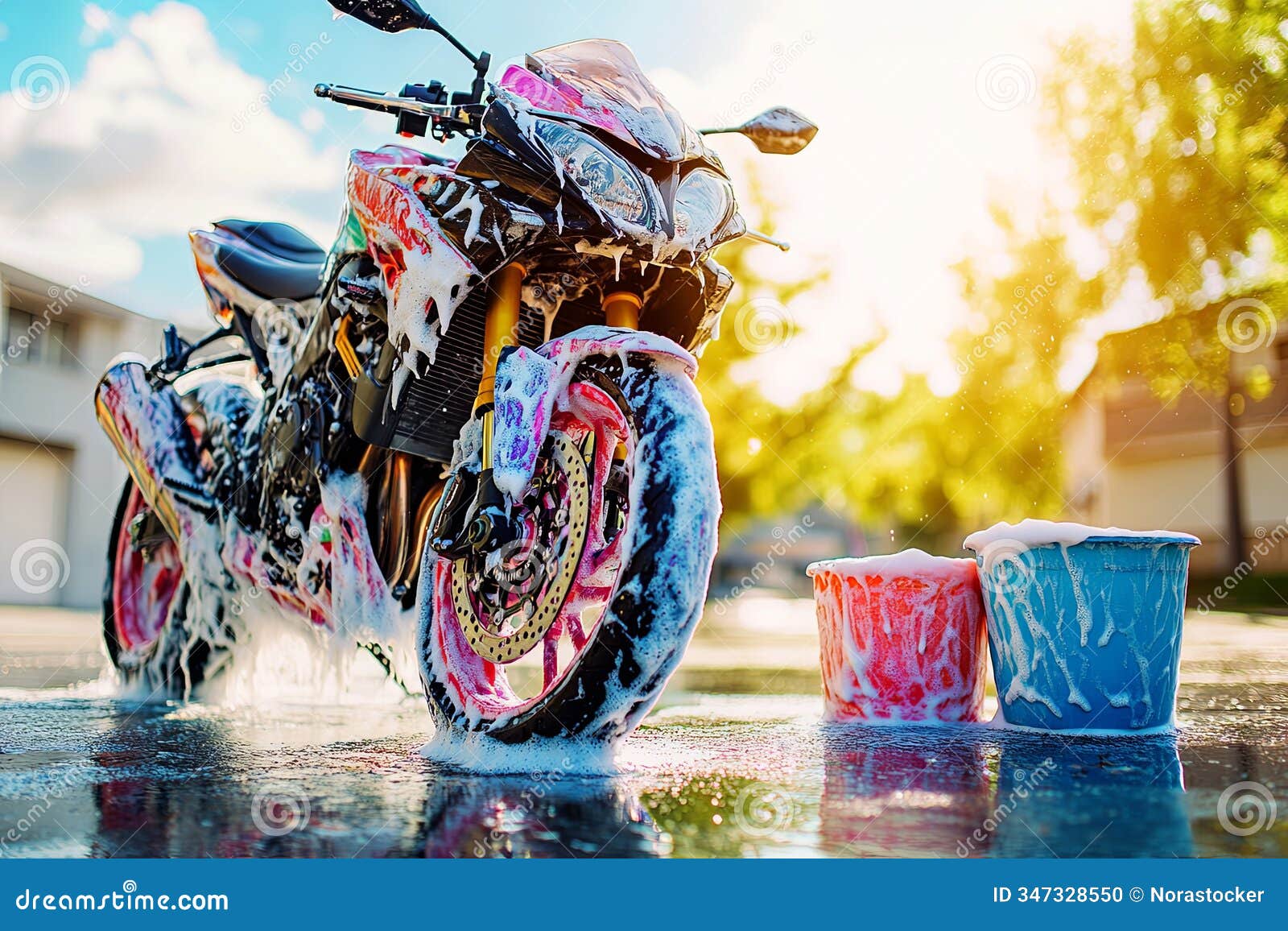 A Motorcycle is Being Washed with a Pink and Blue Wash Bucket Picture ...